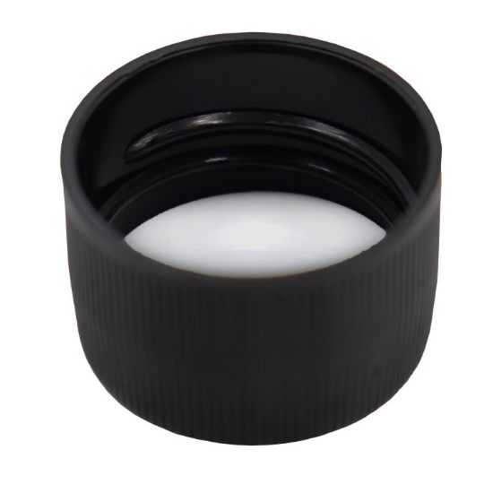 28 mm, 28-410 Black Ribbed, Smooth Top, PP Plastic Cap w/ F217 Liner. Pipeline Packaging